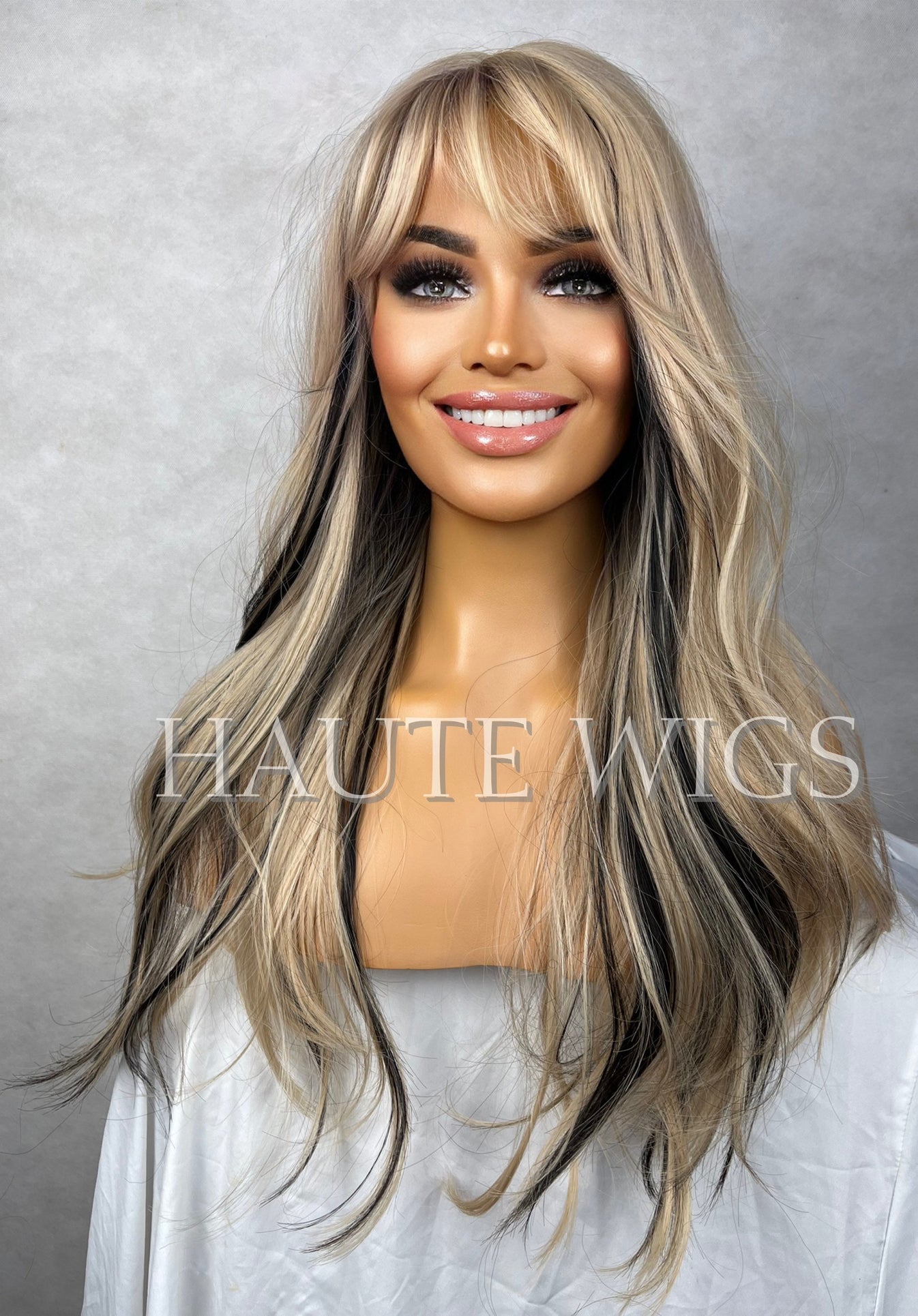 24 Inch Long Sexy Blonde Wig W Black Highlights Lowlights Womens Hair Haute Wigs
